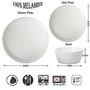 Melamine Dinnerware Set - 12 pcs Melamine Plates Indoor and Outdoor use Matte White SPECKLED DESIGN Plates and Bowls Dinnerware Sets Summer Fall Camping Dish Set for 4 Dishwasher Safe