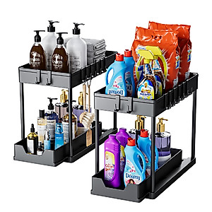 1 Pack Under Sink Organizers and Storage - 2 Tier Sliding Bathroom Cabinet Organizer with Hooks - Multi-Purpose Under The Sink Organizer Kitchen - Black