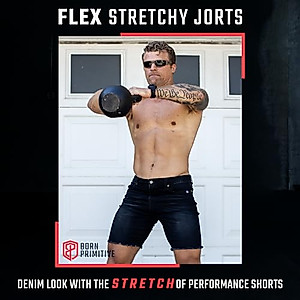 Born Primitive Flex Stretchy Denim Jorts for Men (Medium, Black Denim) - Cotton-Mix Jean Workout Shorts - Durable Stretchy Fabric Holds Its Shape While Still being Comfortable for All-Day Wear
