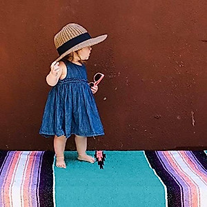 Open Road Goods Teal/Turquoise Diamond Mexican Yoga Blanket, Thick Serape with Pink Sunset Stripes - Handmade Blanket