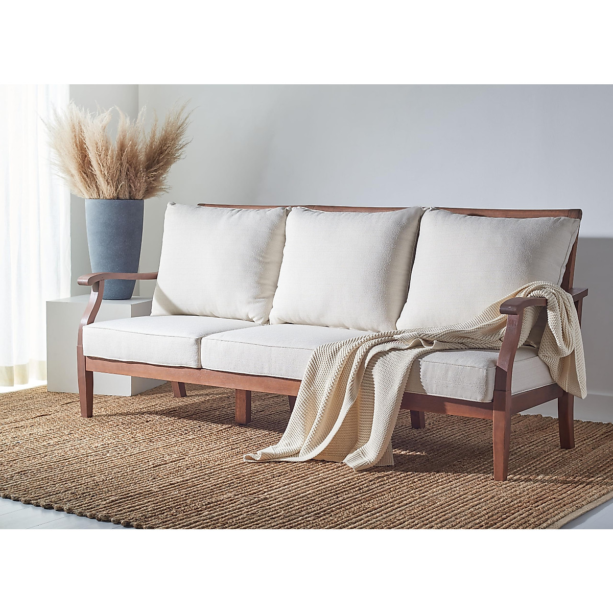 SAFAVIEH Couture Home Collection Payden Natural Wood/Beige Cushion 3-Seat Outdoor Patio Sunroom Porch Backyard Veranda Sofa