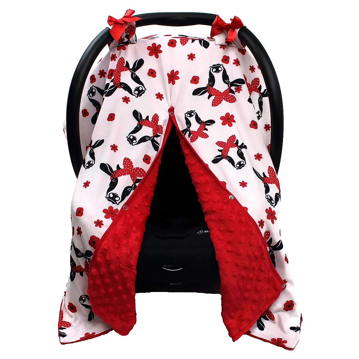 Dear Baby Gear Carseat Canopy - Car Seat Cover with Snap Opening for Girls and Boys - Infant Car Chair Canopies - Floral & Farm Prints - Nursing Covers 39" x 32" (Heifer Cow and Red Flowers, Red)