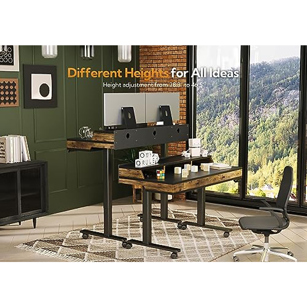 Claiks Standing Desk with Drawers, Electric Adjustable Standing Desk Adjustable Height, Sit Stand Up Desk with Storage Shelves & Wheels, 55 Inch Rustic Brown