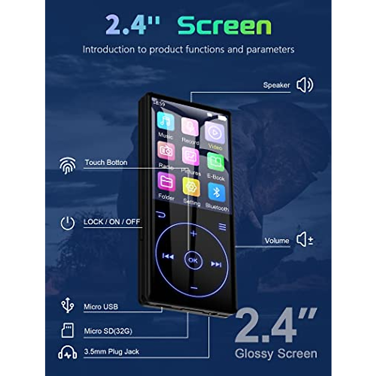 48GB MP3 Player with Bluetooth 5.0: Portable Lossless Sound Music Player with HD Speaker,2.4" Screen Voice Recorder,FM Radio,Touch Buttons,Support up to 64GB for Sport, Earphones Included
