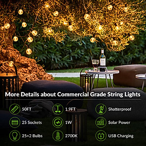 Dimmable 50FT G40 Globe String Lights for Patio, LED Hanging Lights Waterproof with 25 1W Bulbs, Shatterproof Outdoor Lights String for Porch, Edison Bulb String Lights, E12, 2200K Warm White, Black