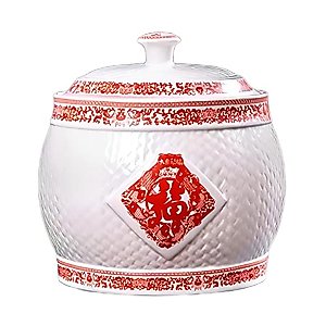 Food Dispenser Retro Ceramic Rice Bucket Cereal Storage Container Chinese Porcelain Grain Dispenser Suitable for Flour, Sugar, Coffee, Rice, Nuts, Snacks, Pet Food, Tea