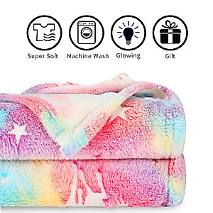 Glow in The Dark Blanket Unicorn Gifts for Kids Girls Teen Birthday Christmas Halloween Present Light Up Rainbow Unicorn Toy Bedroom Bed Decor Fun Soft Fluffy Plush Glowing Throw Pink 50"x60"