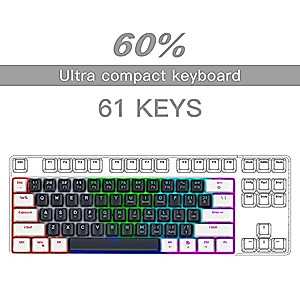 RAZEAK Portable 60 Percent Keyboard, Compact 61 Keys Mini Mechanical Keyboard for PC/Mac Gamer Switchable Colorful Backlit - Blue Switch - White+Black