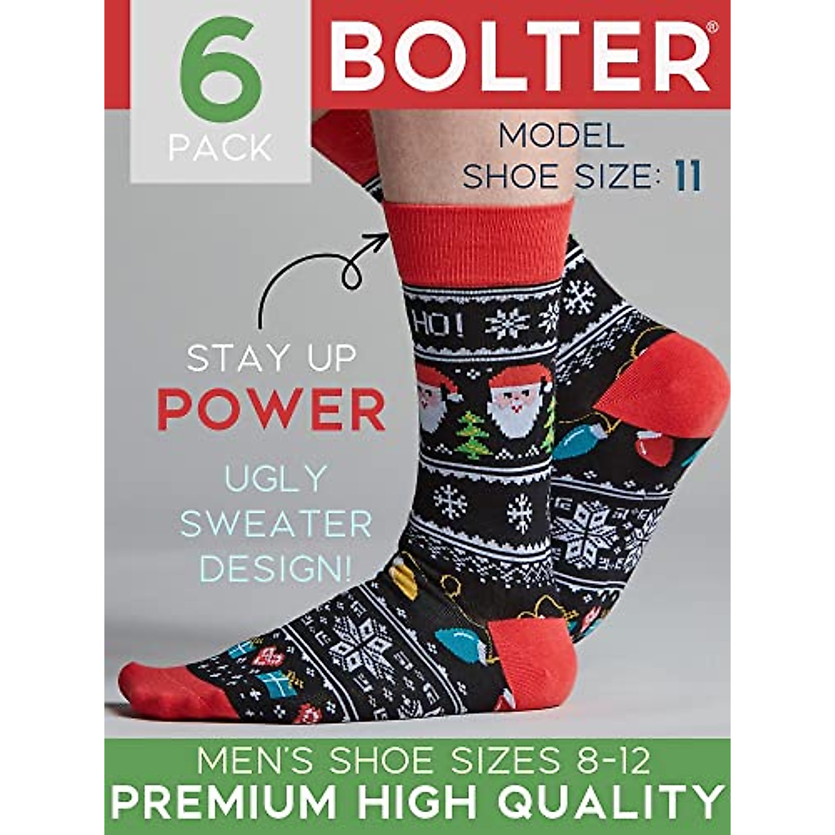 Bolter 6 Pack Men's Christmas Socks Crew Height Dress Socks (Medium, Xmas Party)