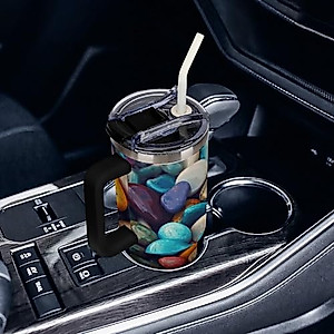 LLUTSNTH 40 Oz Vacuum Tumbler with Black Handle Leakproof Insulated Tumbler Colored Stones Stainless Steel Travel Mug with Lid And Straw Coffee Cup Cute Water Bottles Cup Holder Friendly