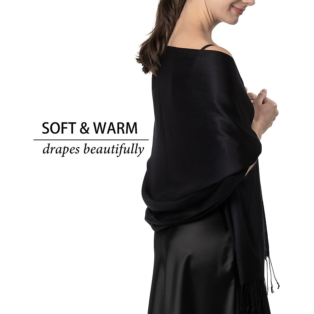 Achillea Large Soft Silky Pashmina Shawl Wrap Scarf in Solid Colors (Black)