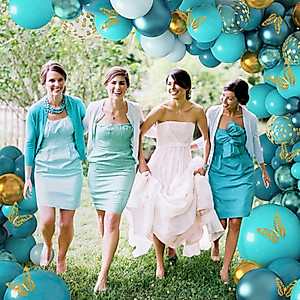 Amandir 168PCS Teal Balloons Garland Arch Kit, Double-Stuffed Dark Teal Blue Turquoise Metallic Gold Green Balloons with 12Pcs Butterfly for Birthday Wedding Baby Shower Party Decorations