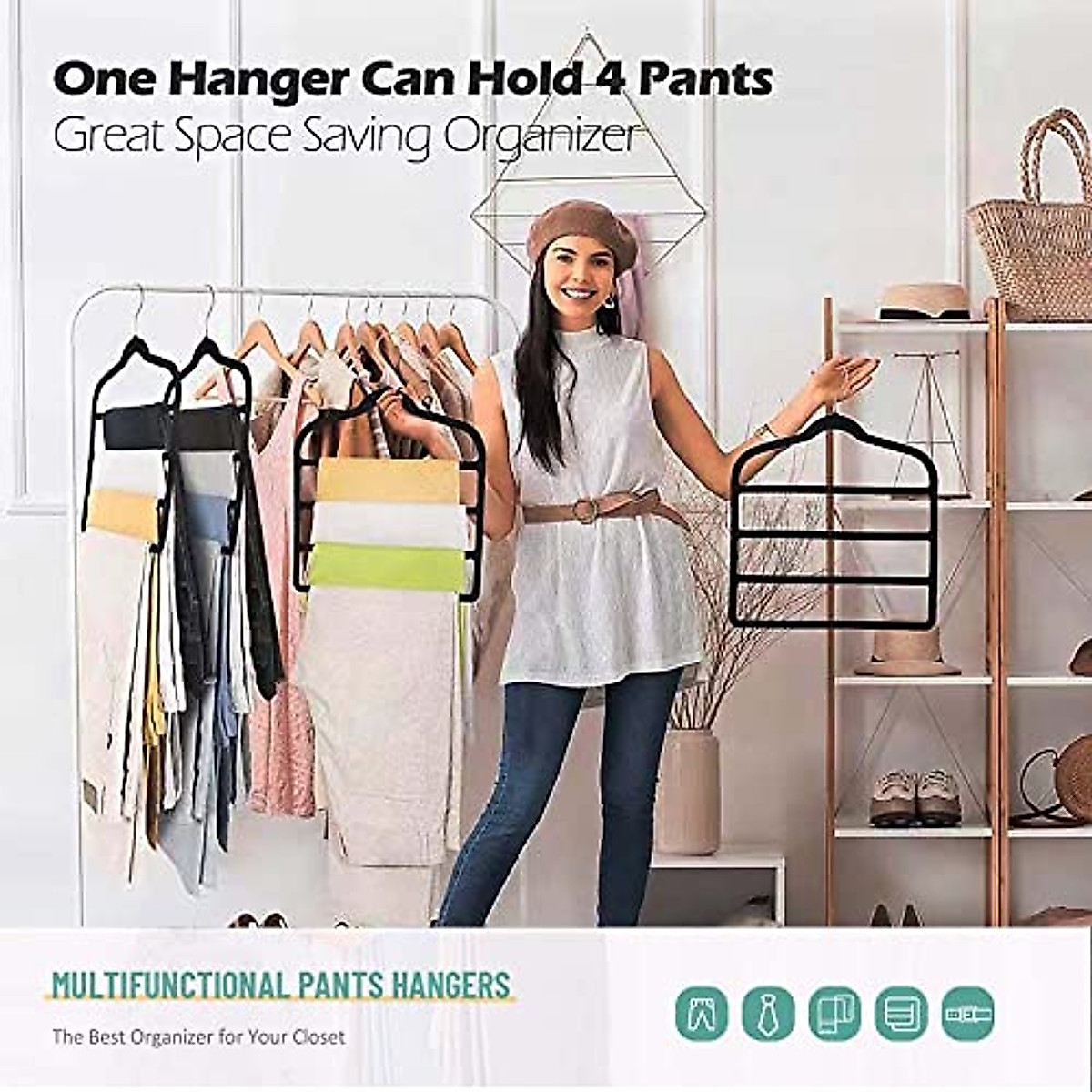 Pants Hangers Space Saving,3 Packs Non Slip Black Velvet Hangers,Closet Organizers and Storage Jeans Slack Trousers ​Hangers Swivel Multi-Layer Multiple Velvet Clothes Hanger, for Jeans,Scarf