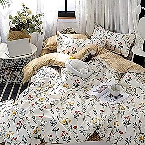 Erosebridal Boho Floral Bedding Set Yellow Flower Duvet Cover Blue Red Blossom Comforter Cover Botanical Country Garden Leaf Branch Quilt Cover for Kids Girls Women Room Decor Full Size,White Brown