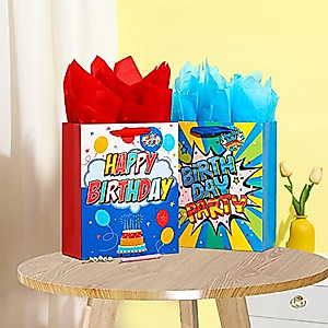 Vammy 13" Large Birthday Gift Bag with Tissue Paper, 2 Pack Happy Birthday Paper Gift Bags (Fireworks Birthday Party, Colorful Cake Candle) for Birthday Party