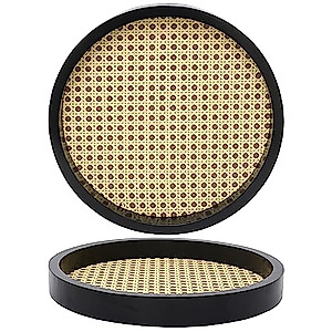 SwallowLiving Decorative Round Serving Tray with Imitated Rattan Handmade Ottoman Tray Boho Basket Wooden Black Frame Storage Tray 11.8” x 1.3“