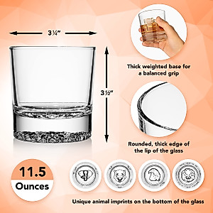 Wild Life Whiskey Glasses - Eagle, Lion, Elephant, Wolf Imprinted Low Ball Drinking Glass Set of 4 11.5 Ounces Bar Glasses | Old Fashioned Tumblers | Lowball Glasses | Rocks Glasses
