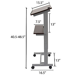 Stand Up Desk Store Mobile Adjustable Height Rolling Lectern Podium with Heavy Duty Steel Frame (Silver Frame/Dark Walnut Shelves, 25.5" Wide)