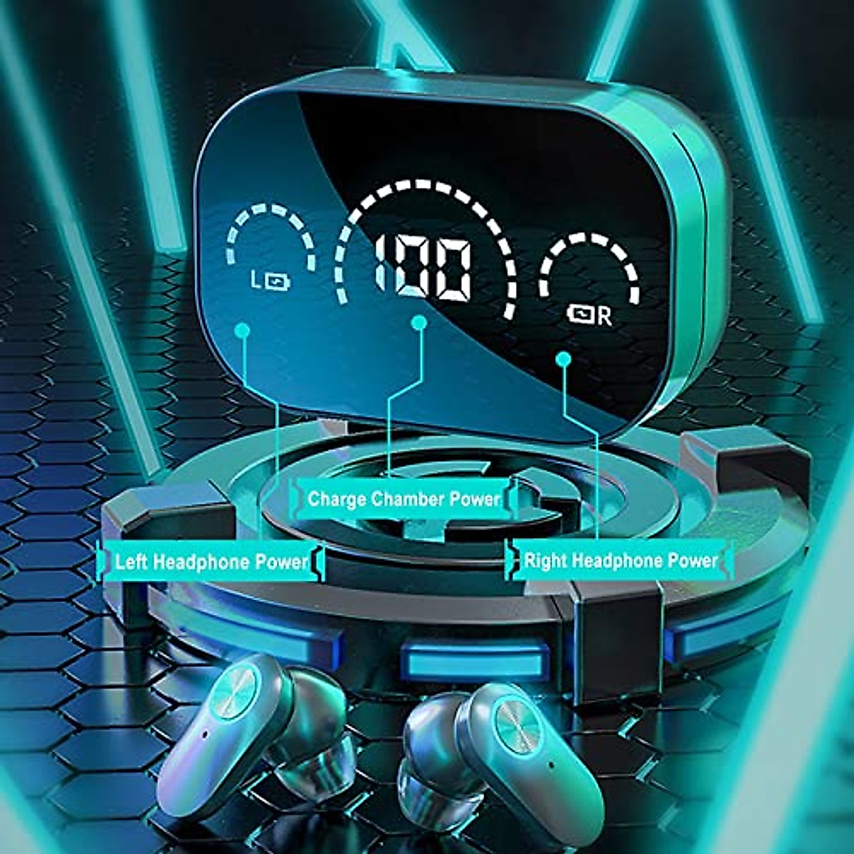 LILAJO Wireless Headphones in-Ear - Stereo Sound Sports Earplugs with Mirror Design LED Smart Display - Noise Reduction Bluetooth Headset - Touch-Control Immersive Premium Sound Earbuds