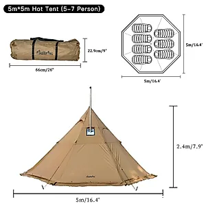 FIREHIKING Camping Hot Tent 4-8 Person Tipi Tent with Stove Jack for Bushcraft, Cooking and Heating