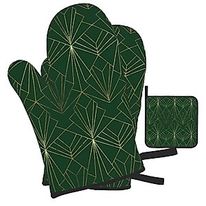 Oven Mitts and Pot Holders Sets of 3,Art Deco On Emerald Green Resistant Hot Pads with Polyester Non-Slip BBQ Gloves for Kitchen,Cooking