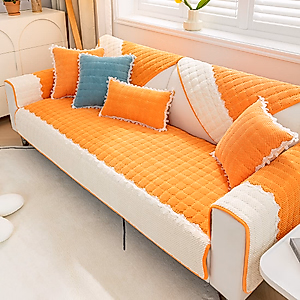 vctops Soft Corduroy Sofa Couch Cover, Plaid Sectional Couch Covers, Non-Slip Sofa Slipcover for Dogs Cats Kids(Orange,43"x43")
