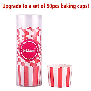 Webake 50pcs Full Size 6oz Paper Baking Cups Red Cupcake Liners Paper Snack Cups for Popcorn Cupcake Muffin Case Cupcake Bath Bomb, for Valentine's Day Movie Party Decorations Set of 50 (Red Stripe)