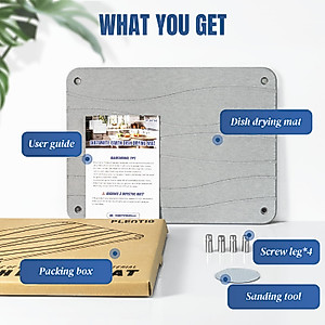 Plentio Stone Drying Mat for Kitchen Counter, Diatomaceous Dish Drying Mats Superb Absorbent with Non-Slip Stainless Steel Feet for Dishes, Bottles and more, 15.7"(L)×11.8"(W), Light Grey Wave