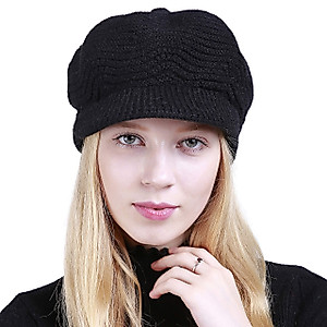 Muryobao Women's Winter Hat Slouchy Cable Knit Visor Beanie Crochet Newsboy Beret Hats Warm Snow Ski Skull Cap with Brim Black