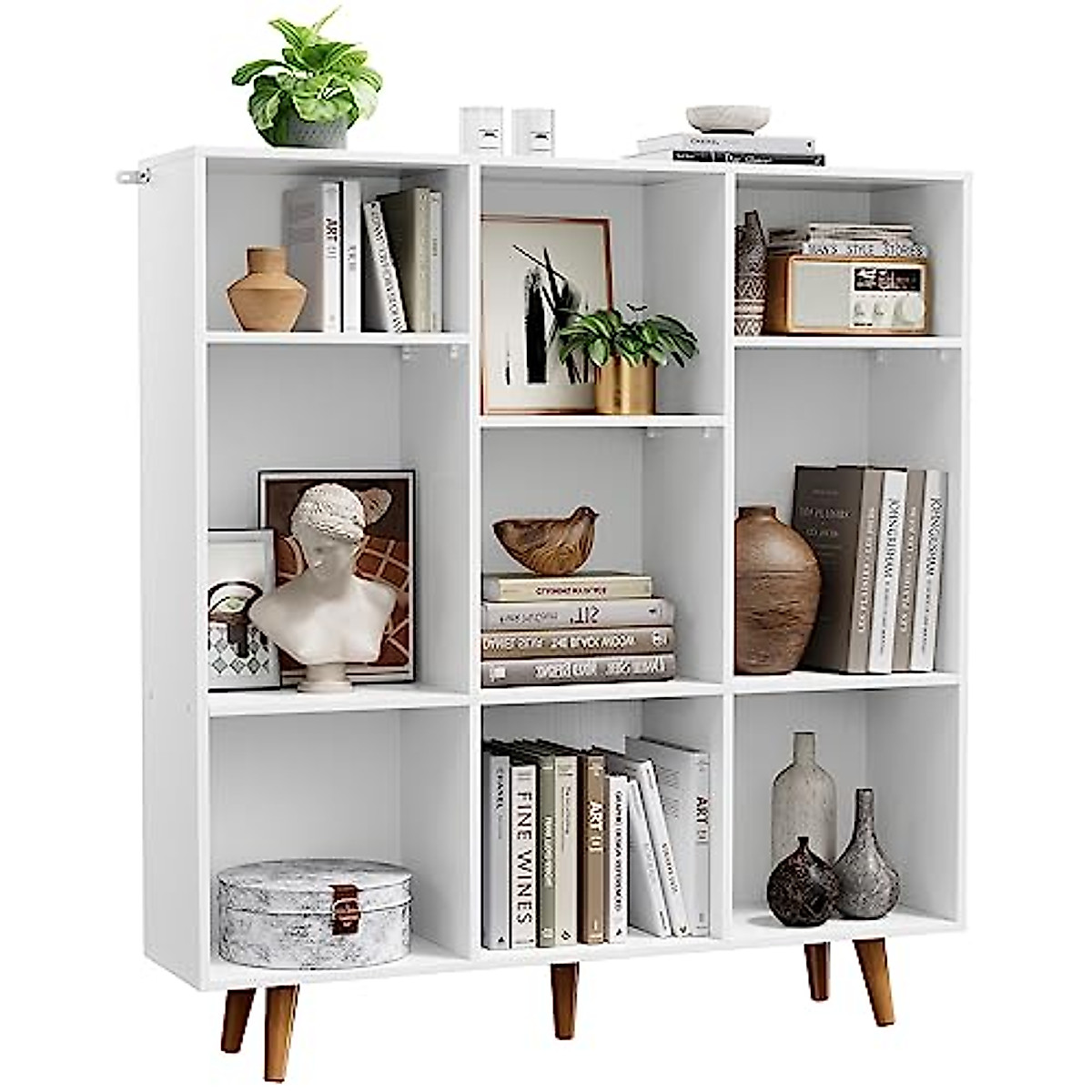 Pipishell 9-Cube Bookshelf, Bookcase with 3 Height-Adjustable Shelves and Solid Legs, Cube Storage Shelf, Modern Freestanding Open Bookshelf for Living Room, Bedroom, White, PIBS04W
