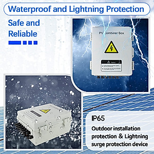 Solar Combiner Box PV Combiner Box 6 Strings with Lightning Arrester and 15A DC Fuse and 63A Circuit Breaker and Diodes for On/Off Grid Solar Panel System IP65