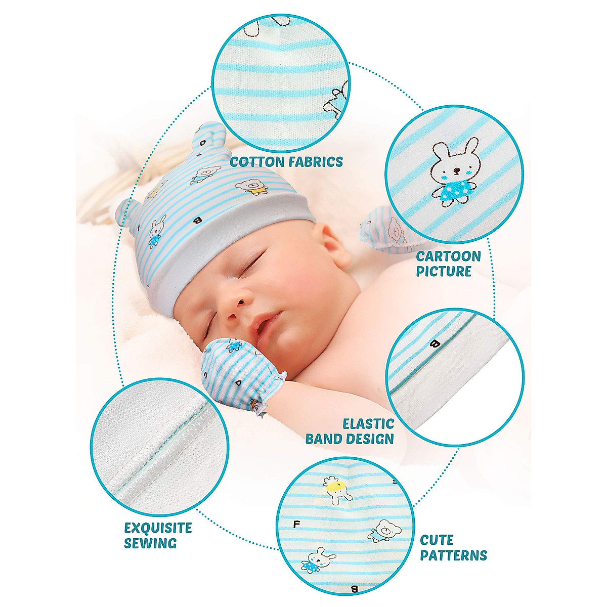 18 Pieces Newborn Cap Mitten Sock, Including 6 Pieces Newborn Hats, 6 Pairs Baby No Scratch Mittens Gloves and 6 Pairs Infant Socks for 0-6 Months Unisex Baby Boys Girls Set Multicoloured