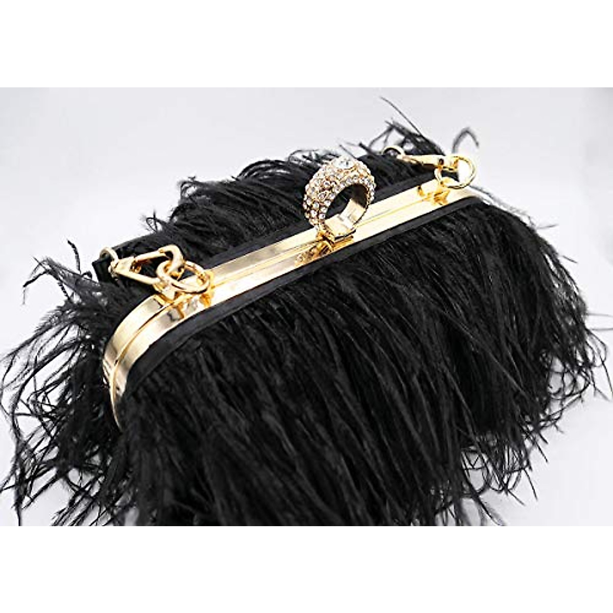 QEBURI Women Fluffy Ostrich Feather Evening Dress Clutch Bag Purse Shoulder Bag (Black)