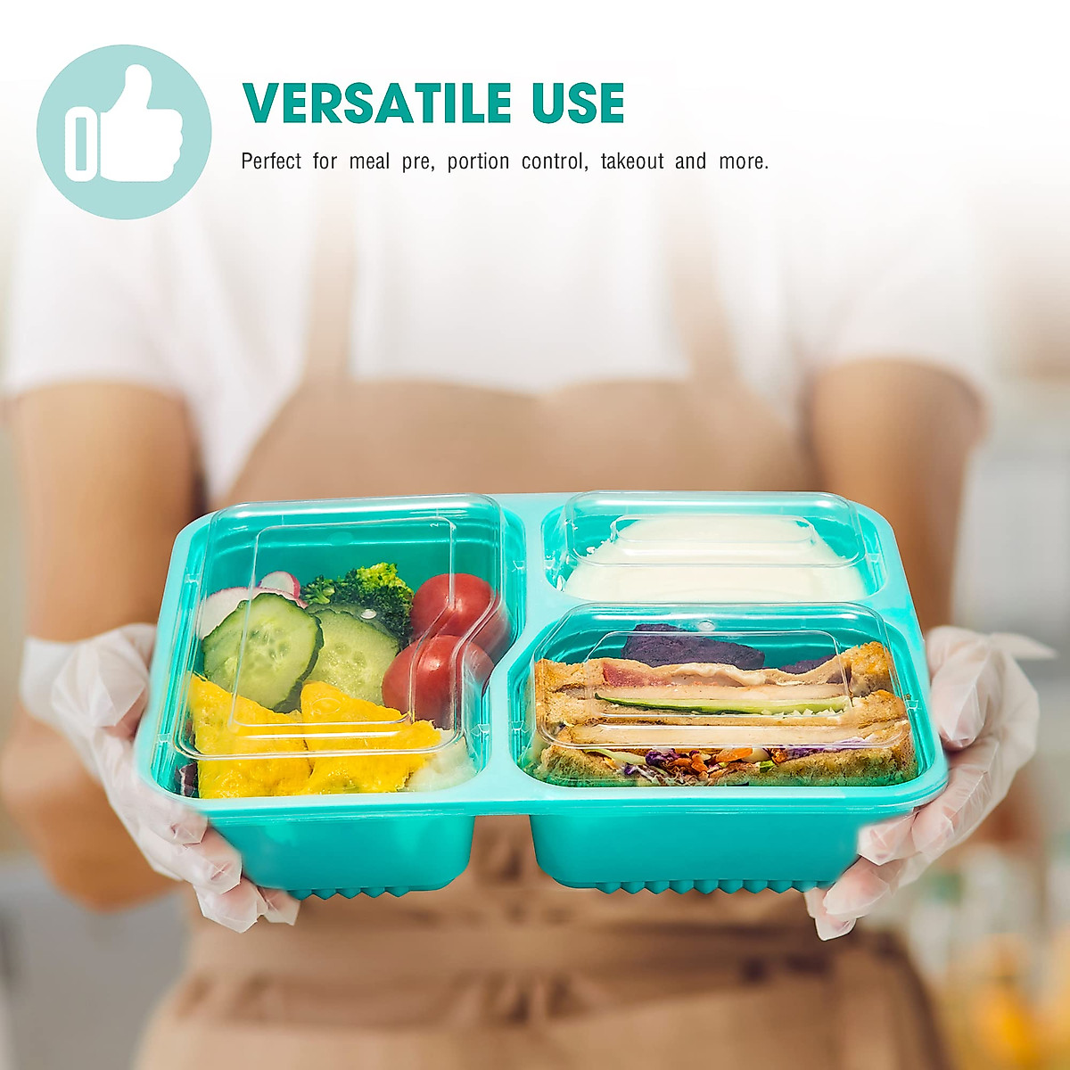 Glotoch Meal Prep Container Reusable, 15 Pack 34oz 3 Compartment To Go Containers for Food Snack, Plastic Divided Food Storage Meal Prep Containers With Lids for Microwave Freezer BPA-Free,Safe,Green