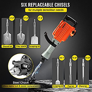 VEVOR Demolition Jack Hammer 2200W Jackhammer Concrete Breaker 1400 BPM Heavy Duty Electric Jack Hammer 6pcs Chisels Bit w/Gloves & 360°C Swiveling Front Handle for Trenching and Breaking Holes
