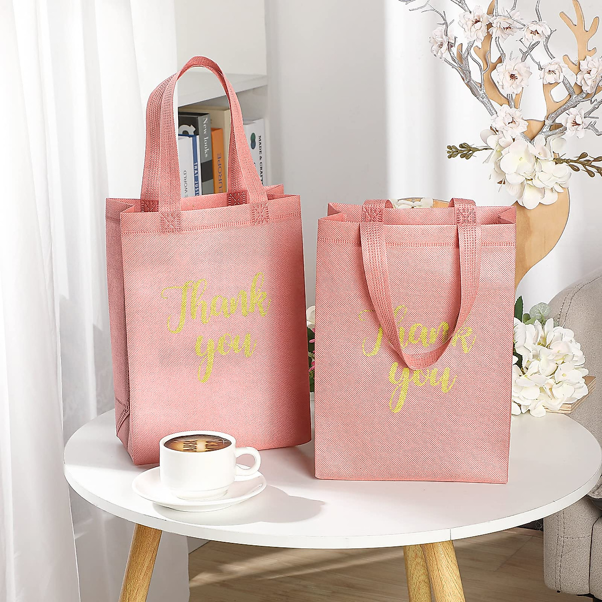 Roowest 50 Pcs Reusable Thank You Grocery Bags Shopping Bags Non Woven Shopping Merchandise Bag with Handles (Pink, Gold)