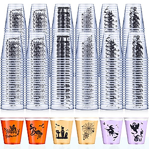 Roshtia 120 Pieces Halloween Plastic Shot Glasses Disposable Cups 2oz Pumpkin Ghost Witch Bat Printed Plastic Cups for Halloween Party Supplies Beverage Ice Cream Snacks Candy Favors, 6 Styles