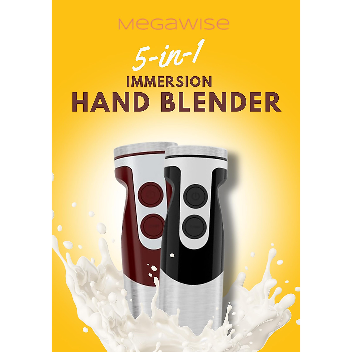 MegaWise Pro Titanium Reinforced 5 in1 Immersion Hand Blender, Powerful with 80% Sharper Blades, 12 Speed Corded Blender, Including 500ml Chopper, 600ml Beaker, Whisk and Milk Frother