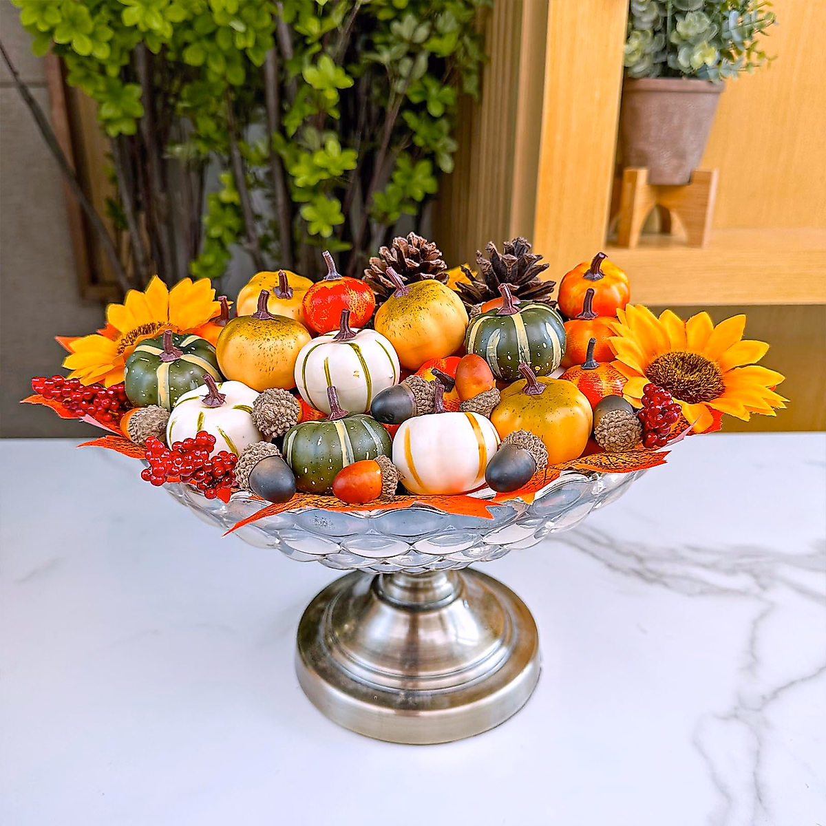 68 Pcs Assorted Mini Artificial Pumpkins with Maple Leaves Pinecones Acorns Sunflowers Berries Fall Decorating Kit for Fall Wedding Thanksgiving Halloween Table Centerpiece Wreaths Vase Bowl Fillers