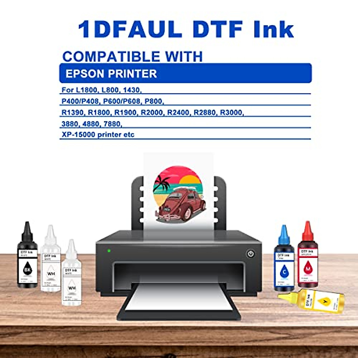 1DFAUL DTF Transfer Ink, DTF Ink Refill for Inkjet Printers Heat Transfer Film Printing, KCMY & White 6PCS Sets (100ML)