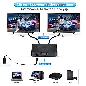 HDMI Splitter 4K@60Hz, avedio links HDMI Splitter 1 in 2 Out, HDMI Splitter for Dual Monitors Only Duplicate/Mirror Screens, Support HDMI2.0b, HDCP2.2, 18.5Gbps, Auto Scaling, Full HD 1080P 3D