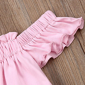 preetyyou Toddler Baby Girl Clothes Off Shoulder Tube Top Shirt Bell Bottom Jeans Pants Summer Outfits (Pink, 1-2T)