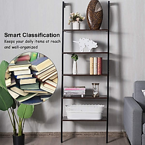 Tangkula 5-Shelf Bookcase, Modern 5-Tier Wood Wall Mounted Ladder Bookshelf with Metal Frame, 72 Inches Tall Industrial Open Ladder Shelf Display Rack Storage Shelves for Home Office (Dark-Brown, 1)