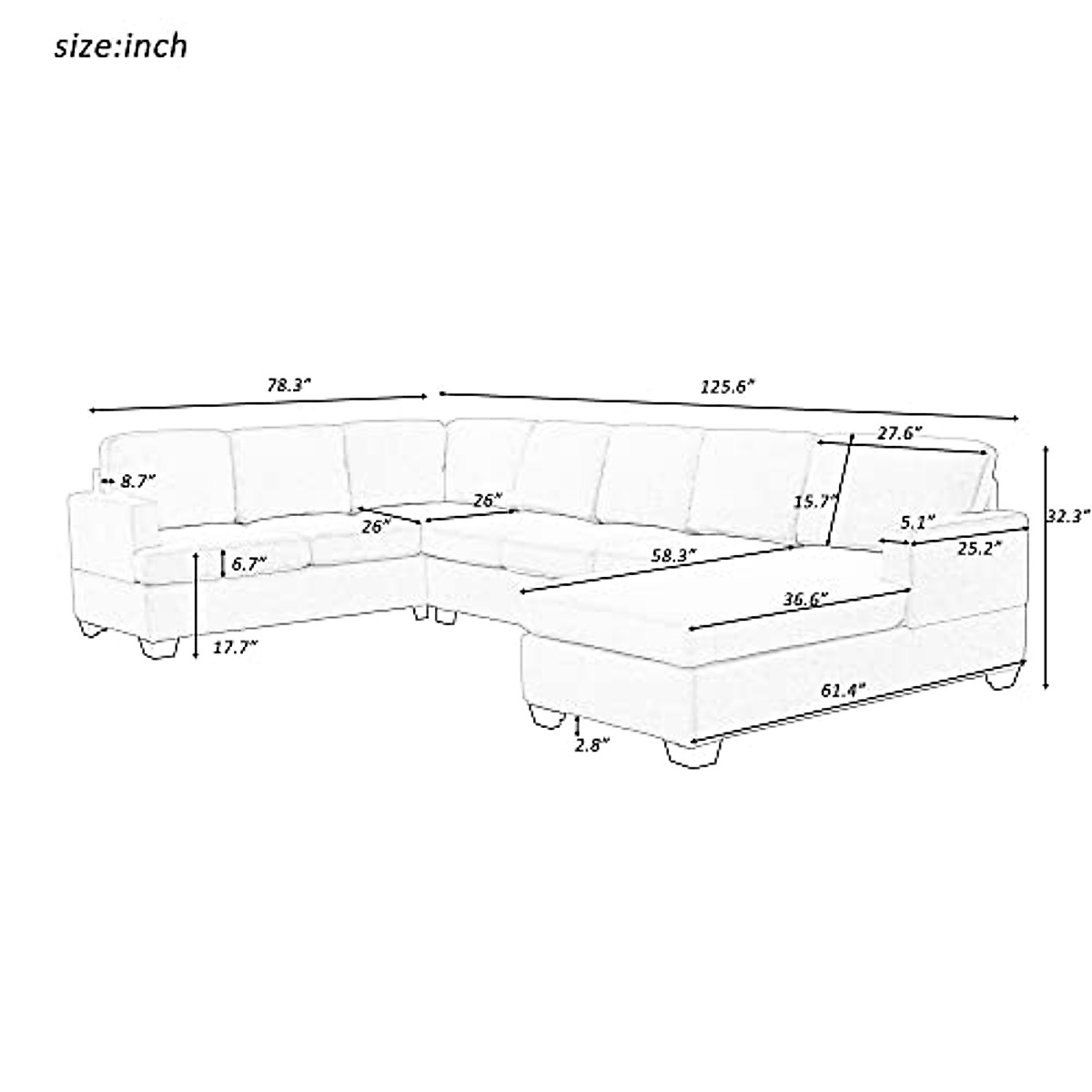 Verfur 125.6" U Shaped Sectional Chaise Lounge, Oversized Deep Seater Corner Sturdy Wood Legs and Frame, Linen Upholstered Sofa & Couches for Large Living Room Furniture, Gray NO Pillows