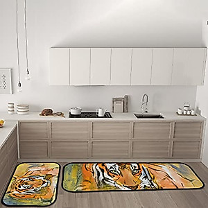 Vantaso Kitchen Floor Mat Rug Siberian Tiger Watercolor Set of 2 Cushioned Non-Slip Comfort Runner Rugs