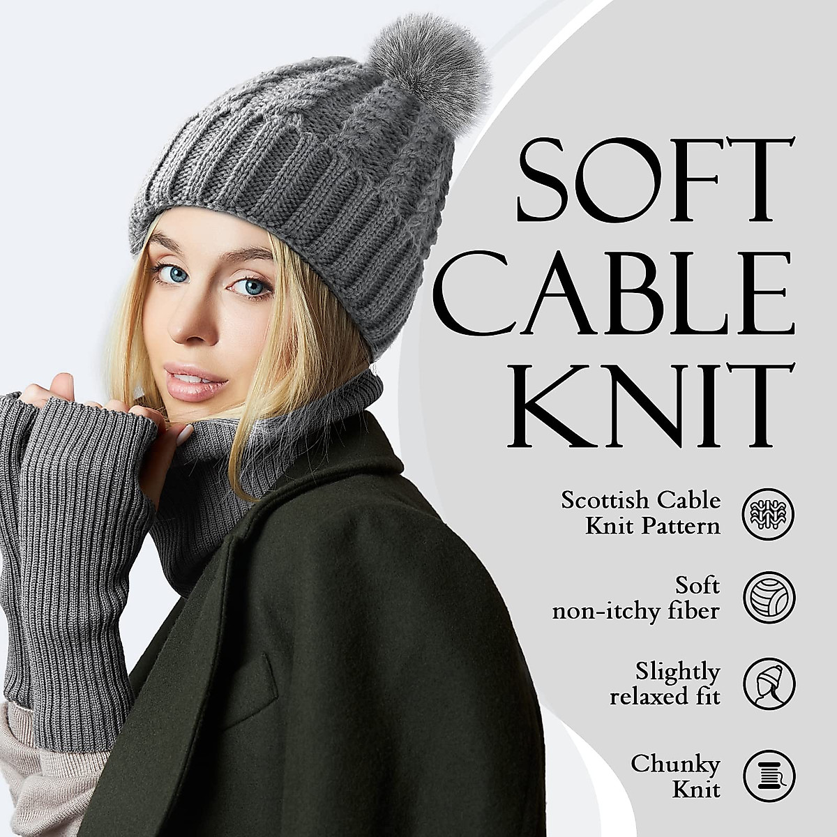 MooonGem Womens Winter Beanie Hats，Soft Beanie with Warm Lined Fashion Warm Chunky Soft Stretch Hats，Thick Knitted Ski Cap Warm Hat for Cold Weather Outdoor Activities Camping Hiking Skiing Grey