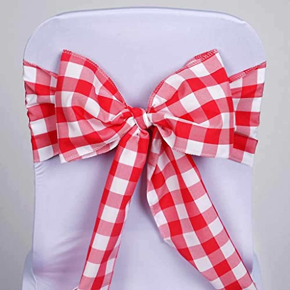 TABLECLOTHSFACTORY 5 PCS Red/White Gingham Polyester Chair Sash Bowtie for Wedding Events Chair Bow Sash Party Decoration Supplies