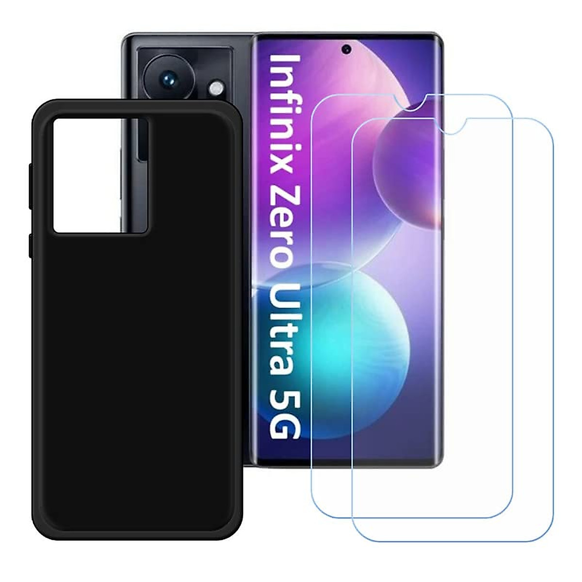 FZYM Case for Infinix Zero Ultra 5G + 2 Pack Tempered Glass Screen Protector Protective Film,Slim Black Soft Gel TPU Silicone Protection Phone Case Cover for Infinix Zero Ultra 5G (6.8")