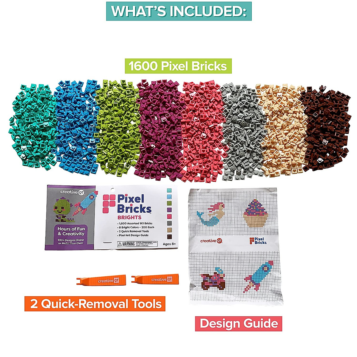 Creative QT 1600 Pieces Plate 1x1 Bricks, Pixel Mosaic Kit, 8 Colors Classic Building Bricks with 2 Quick Removal Tools, Nano Blocks Art with Design Guide, STEM Building Toy