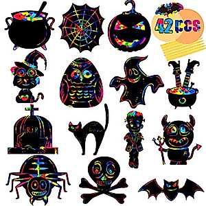 Halloween Scratch Paper Art,Funnlot 42PCS Halloween Scratch Paper Halloween Games for Kids Halloween Ornaments Scratch Magic Scratch Off Cards Paper Birthday Education Game Halloween Craft with Tool